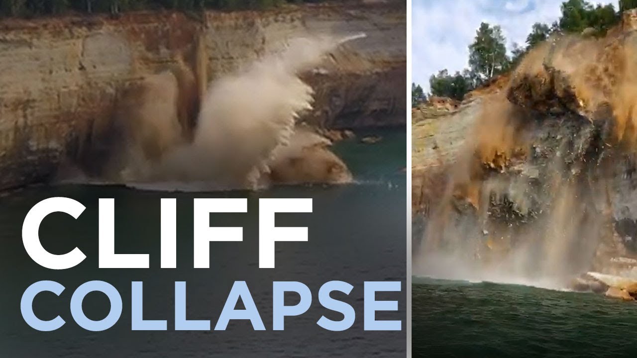 Cliff collapses into lake, narrowly missing kayakers - YouTube