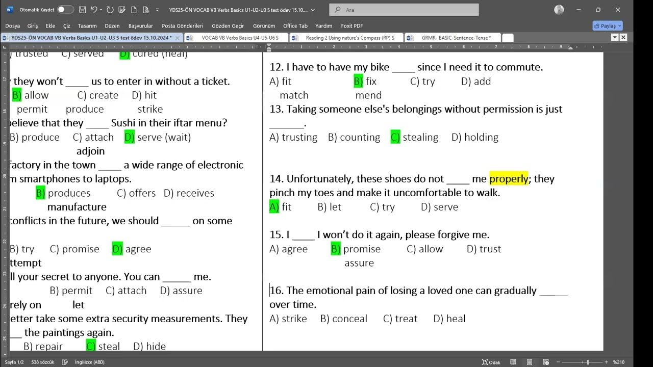 YDS25 ÖN 2 1 VOCAB Basic Verbs u3 u4 u5 word liest 17 10 2024 - YouTube