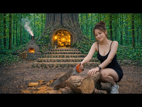 Bushcraft Girl Builds a Shelter Inside a Giant Tree | Clay Stove, Fishing & Cooking