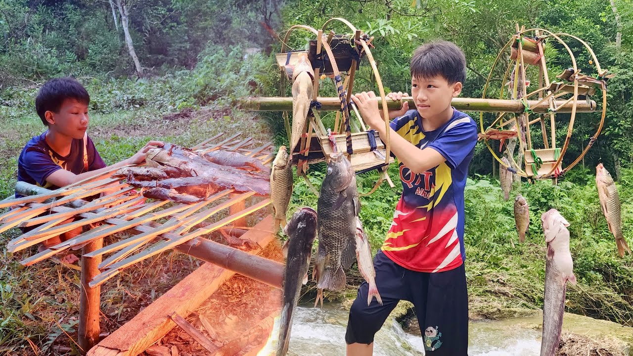 Unique way of fishing with water wheel invented by orphan boy ...