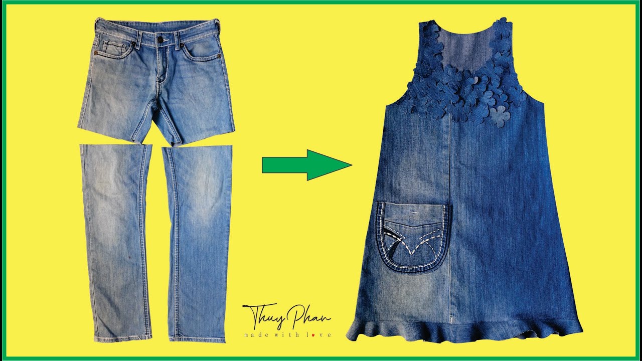 Recycle Old Jeans | Reuse | Reduce Old Clothes | Sewing Girl's Dress ...