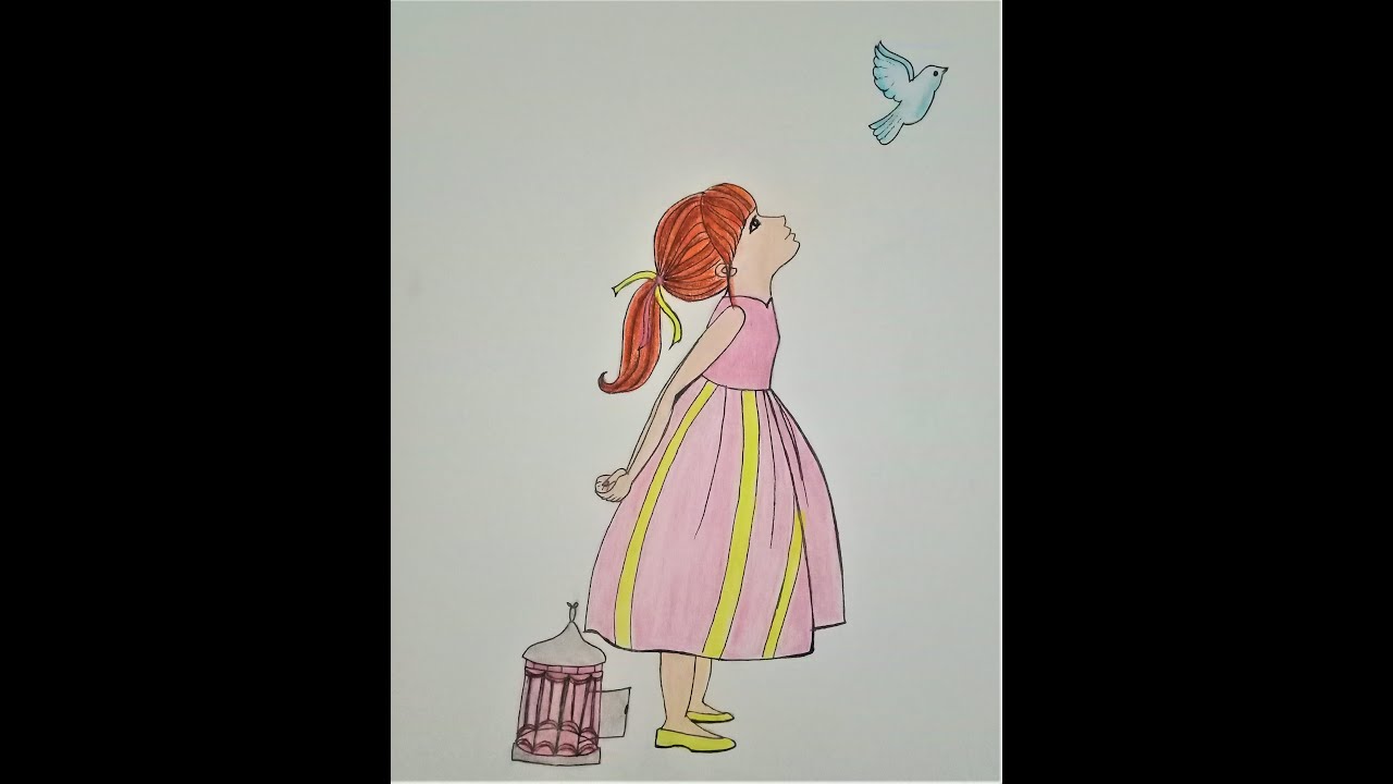 Bird released from cage by little girl drawing/ Beautiful little girl ...
