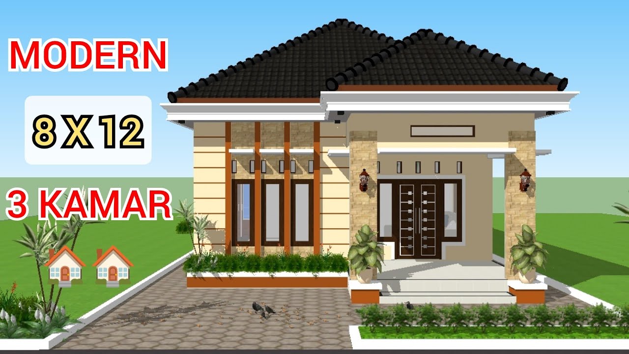 Desain Rumah Minimalis Modern 8 x 12 Meter - 3 Kamar Tidur - YouTube