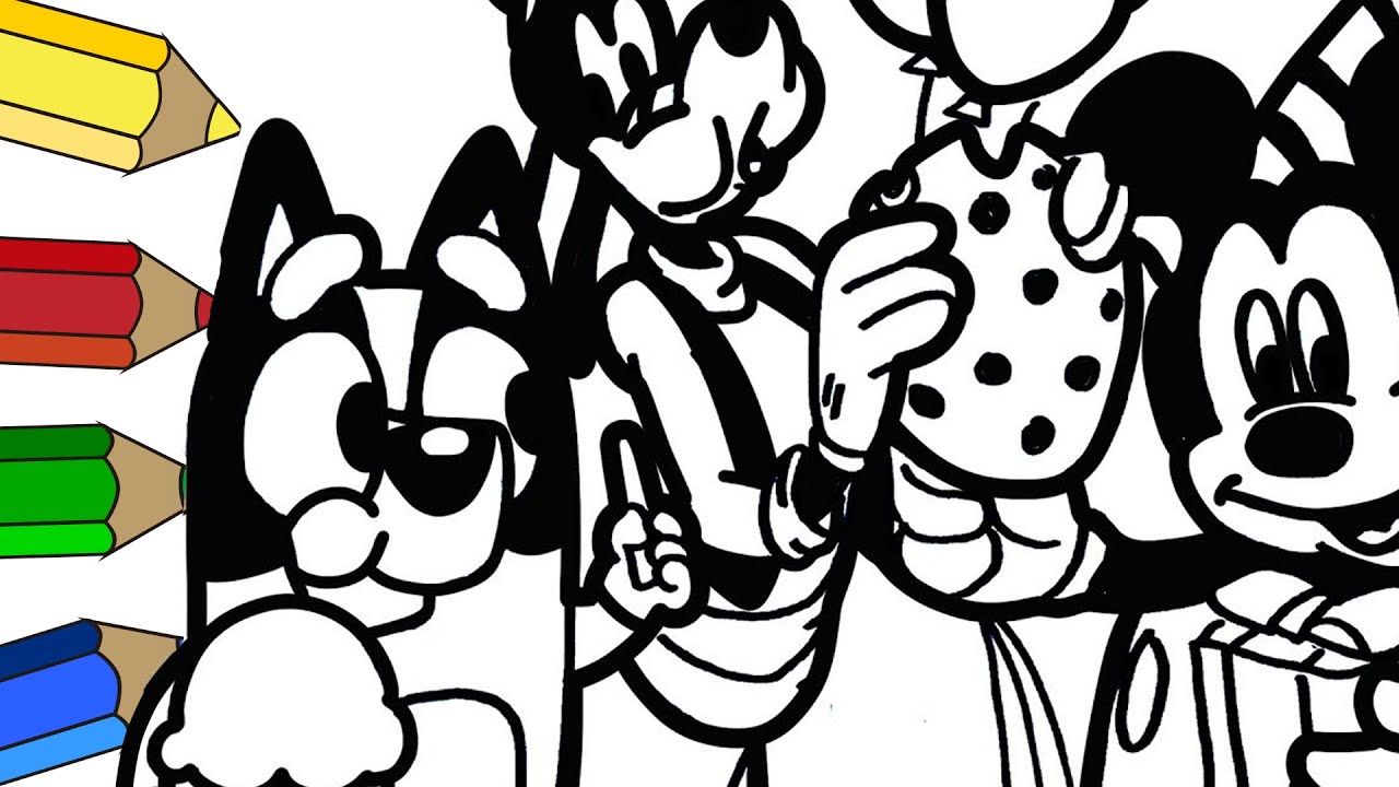 Drawing Bluey's Birthday Party Surprise and Bingo and Mickey Mouse and ...
