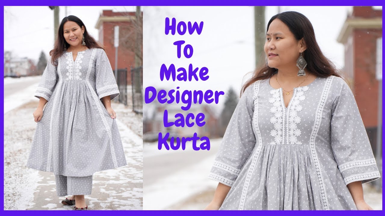 How To Make Designer pleated/lace/pakistani Kurta Cutting and Stitching |Bell sleeve |Maina ...