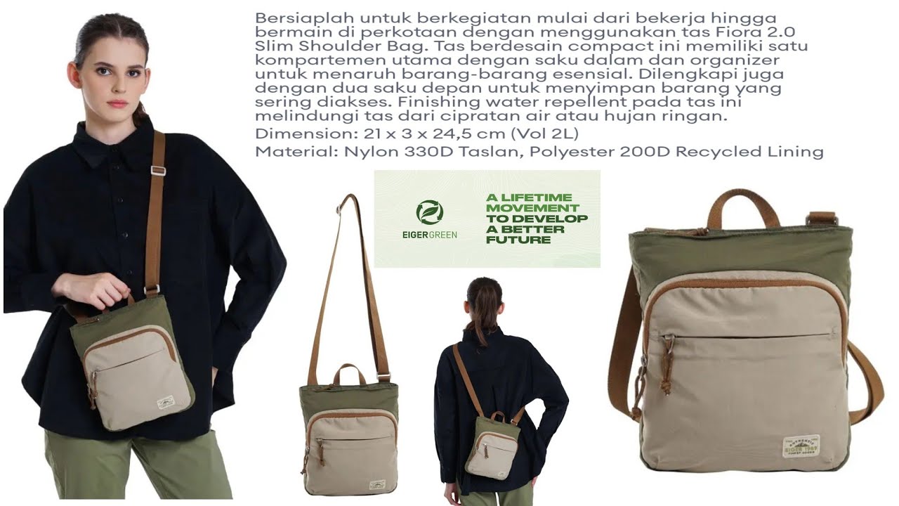 🟢 NEW EIGER FIORA 2.0 SLIM SHOULDER WS 1989 2L OLIVE || 910008795 | TAS ...