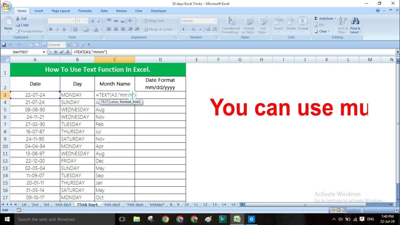 Day-4 #30dayschallenge #exceltips How do you use Text Function in Excel? - YouTube