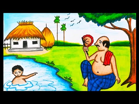 How To Draw A Summer Season Village Life || Village Scenery Painting ...