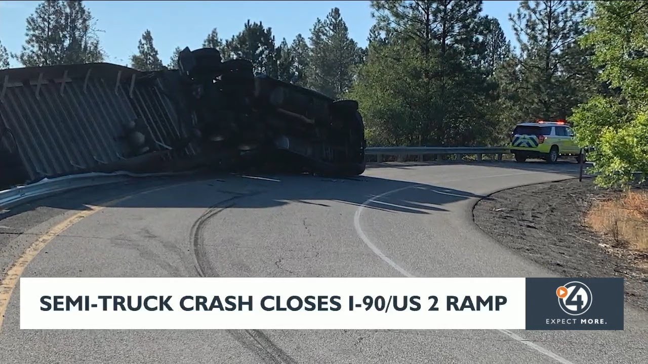 Rolled over semi-truck blocking the ramp from I-90 to SR-2 - YouTube
