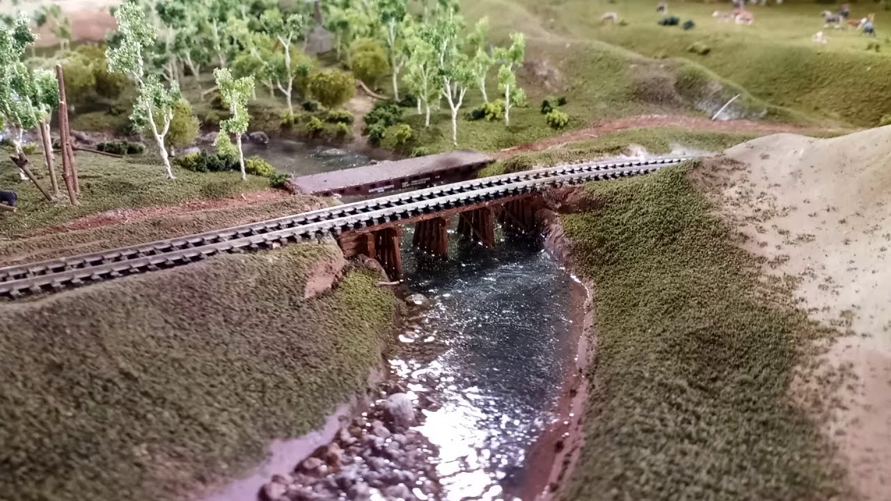 N scale model railroad river scene finished - YouTube