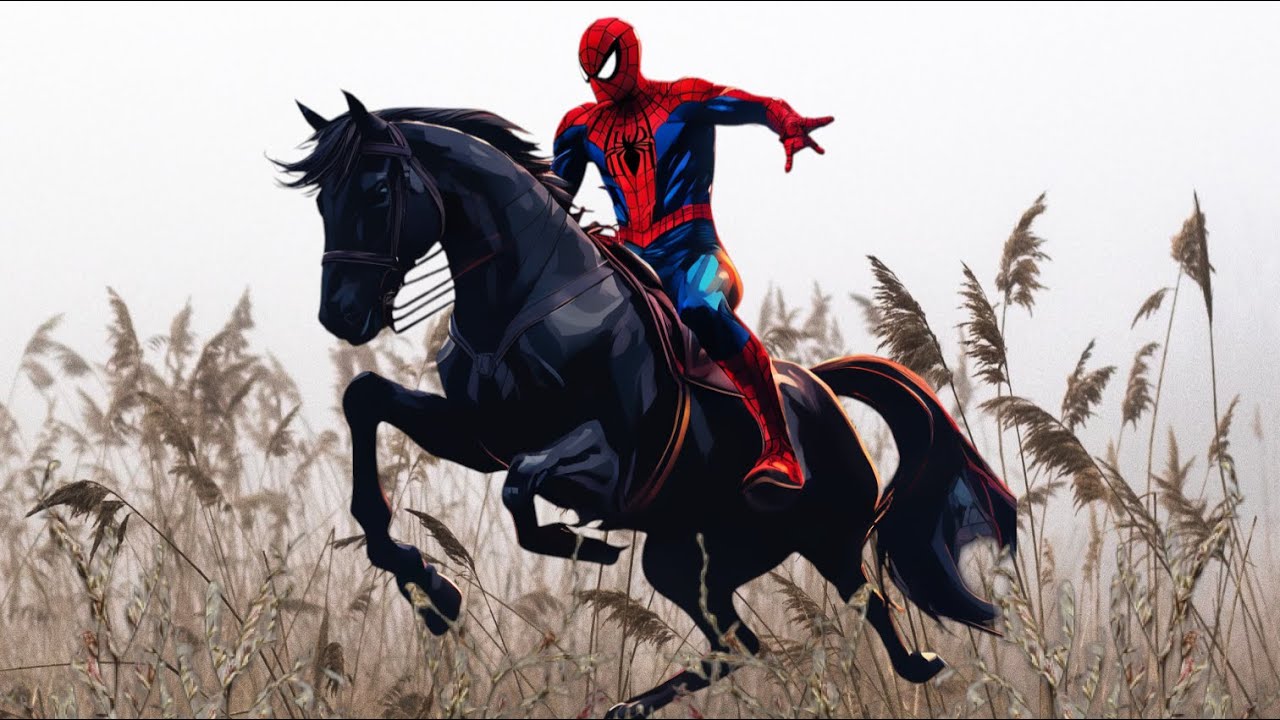 Super Spider-Man rides on a horse and throws colorful spiders into a ...