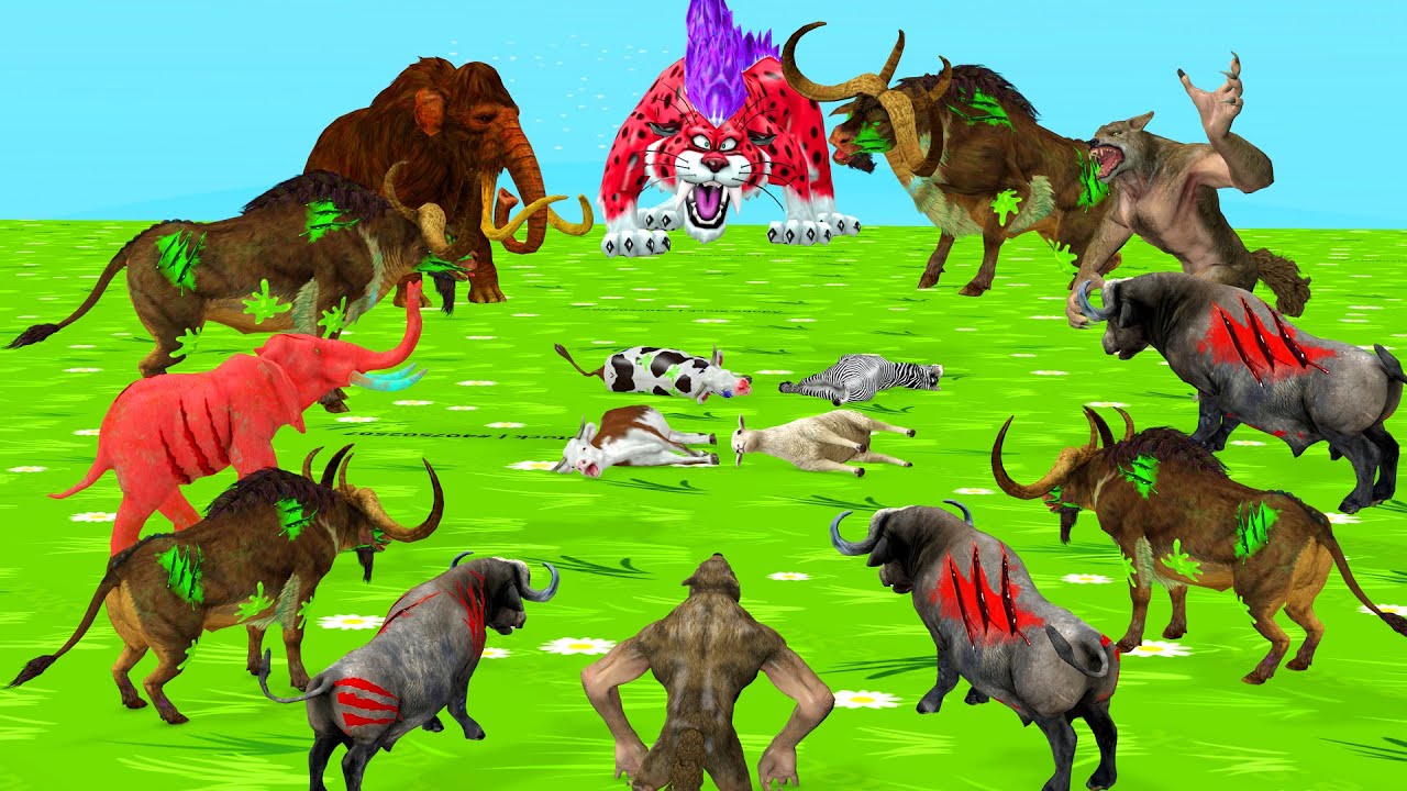 10 Cow Mammoth vs 5 Buffalo vs 6 Giant Lion Dinosaur Attack Baby Cow ...