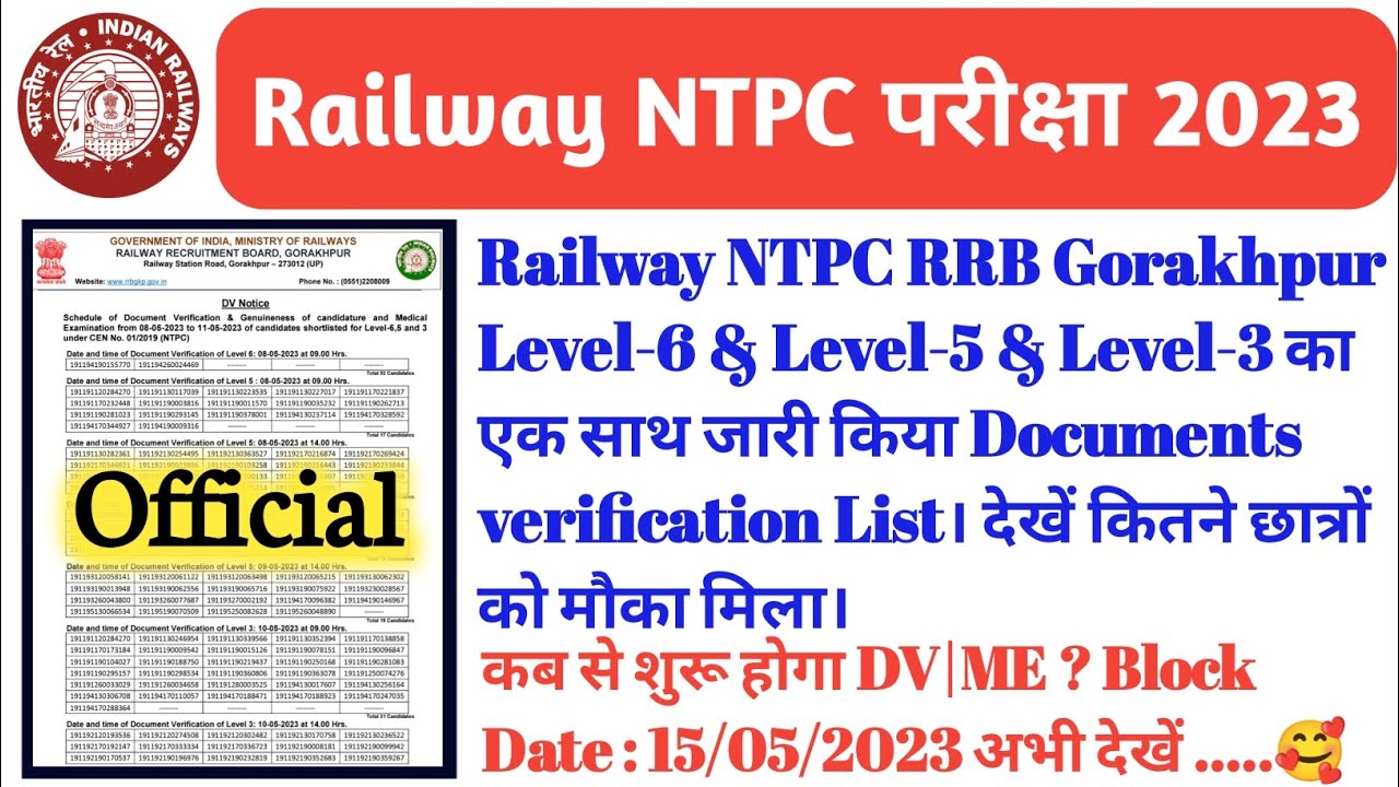 Railway NTPC 2023 RRB Gorakhpur Level-5, Level-6 & Level-3 का DV Date Out।ntpc panel list|ntpc ...
