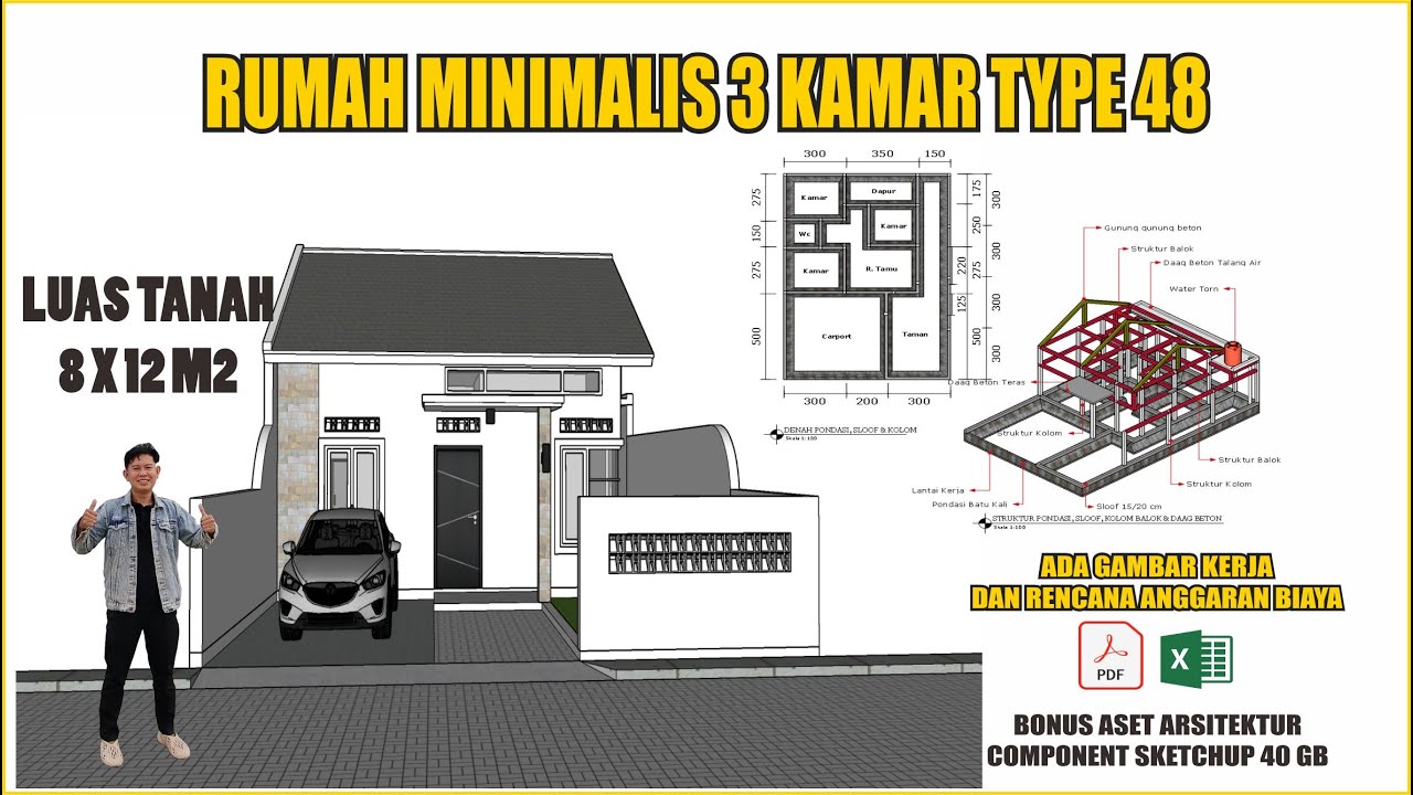 RUMAH MINIMALIS 3 KAMAR TYPE 48 LUS TANAH 8 X 12 M2 DILENGKAPI GAMBAR ...