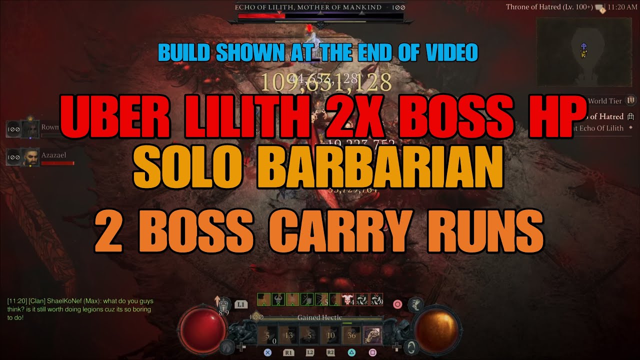 Diablo IV Season 4 UBER LILITH 2X BOSS HP KILL BASH BARBARIAN - YouTube