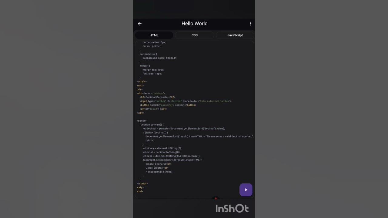 Decimal to binary, hexa and Octal number conversion in HTML. #htmltags ...