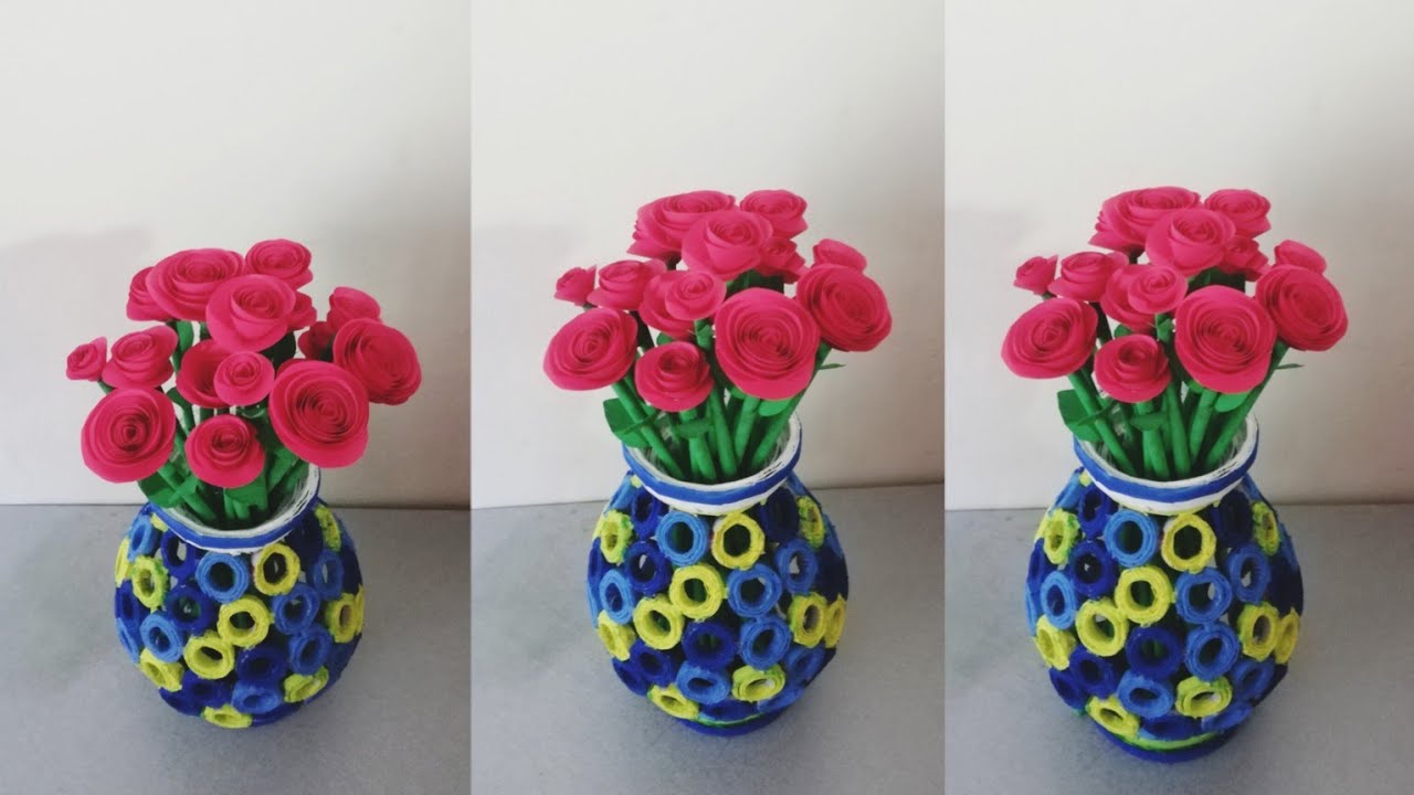 How to make flower vase with newspaper || Flowers with coloured paper ...