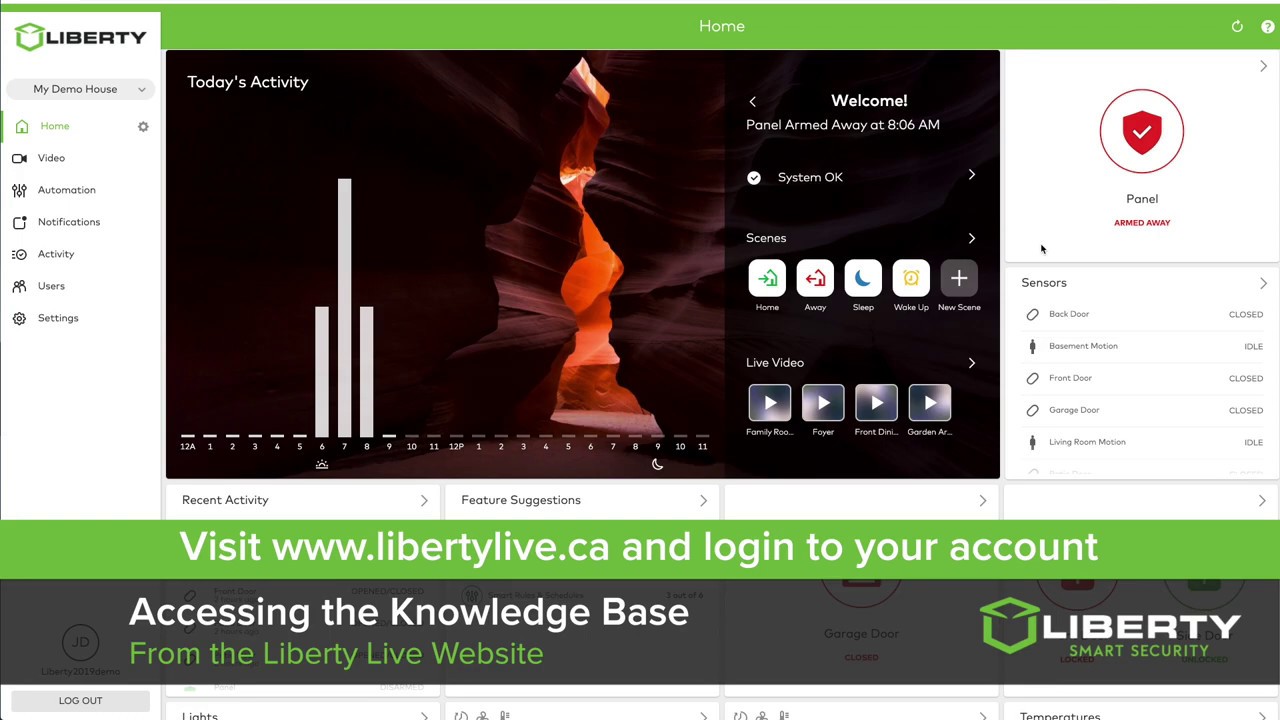 Accessing the knowledge base from the Liberty Live Alarm.com website ...