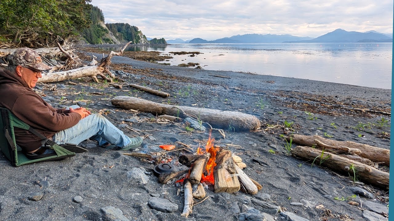 Solo Camping on a Remote Alaskan Beach, Campfire Cooking, Relaxing and ...