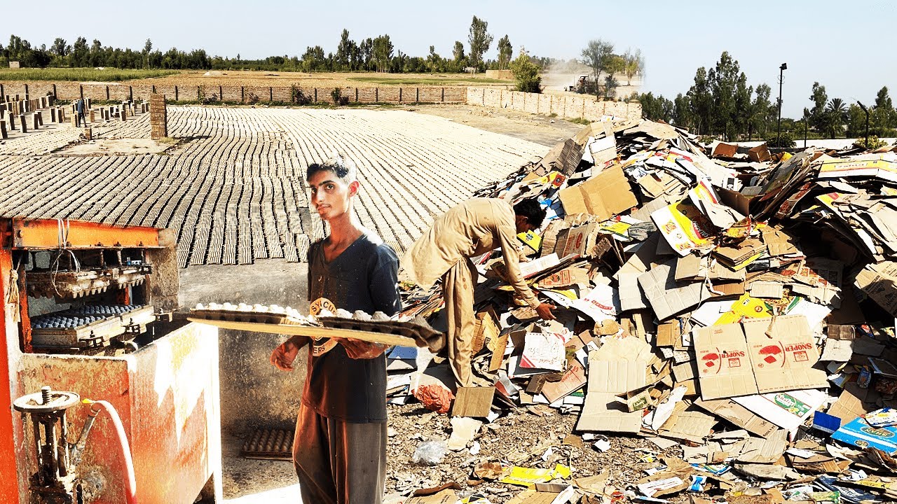 Process of making eggs trays from cardboard waste inside Factory ...