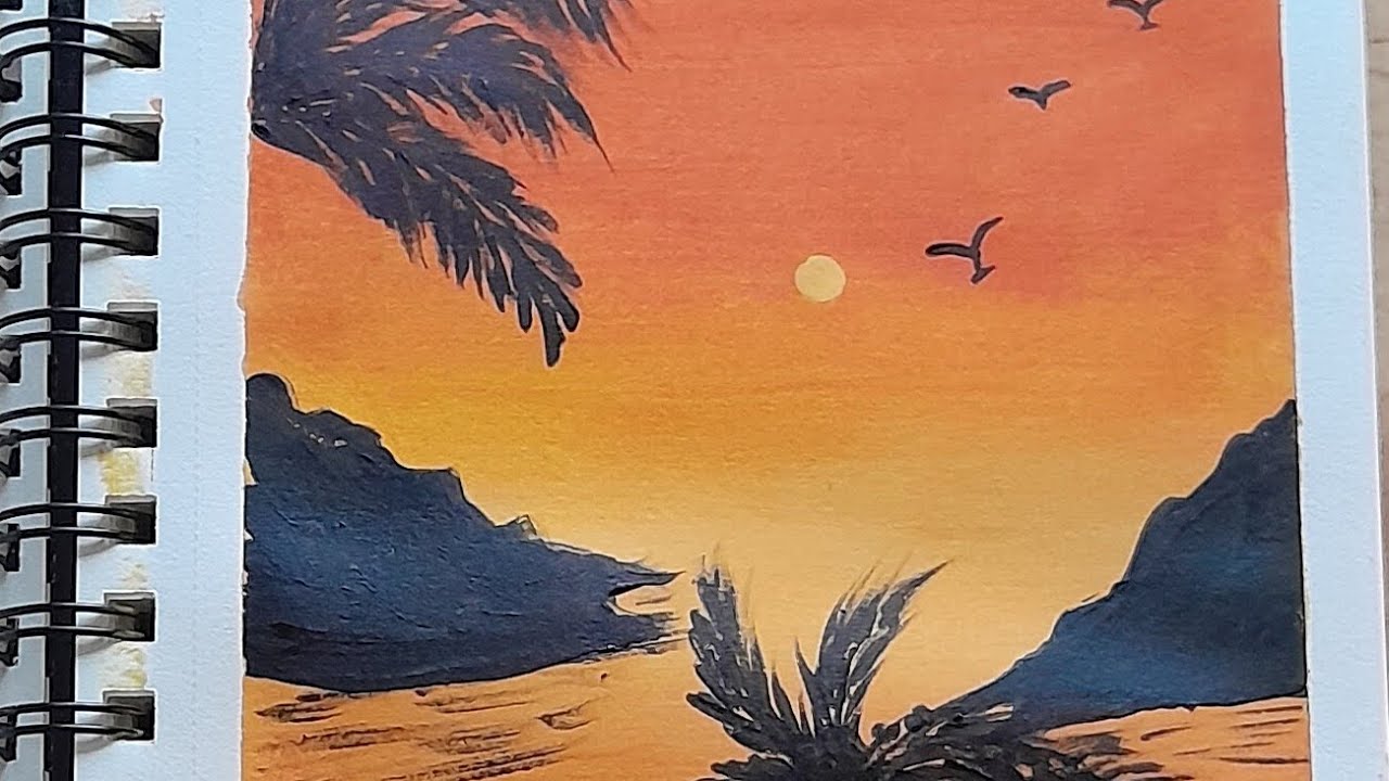 Easy Sunset Beach Painting |Sunset Landscape Painting Tutorial |Acrylic ...