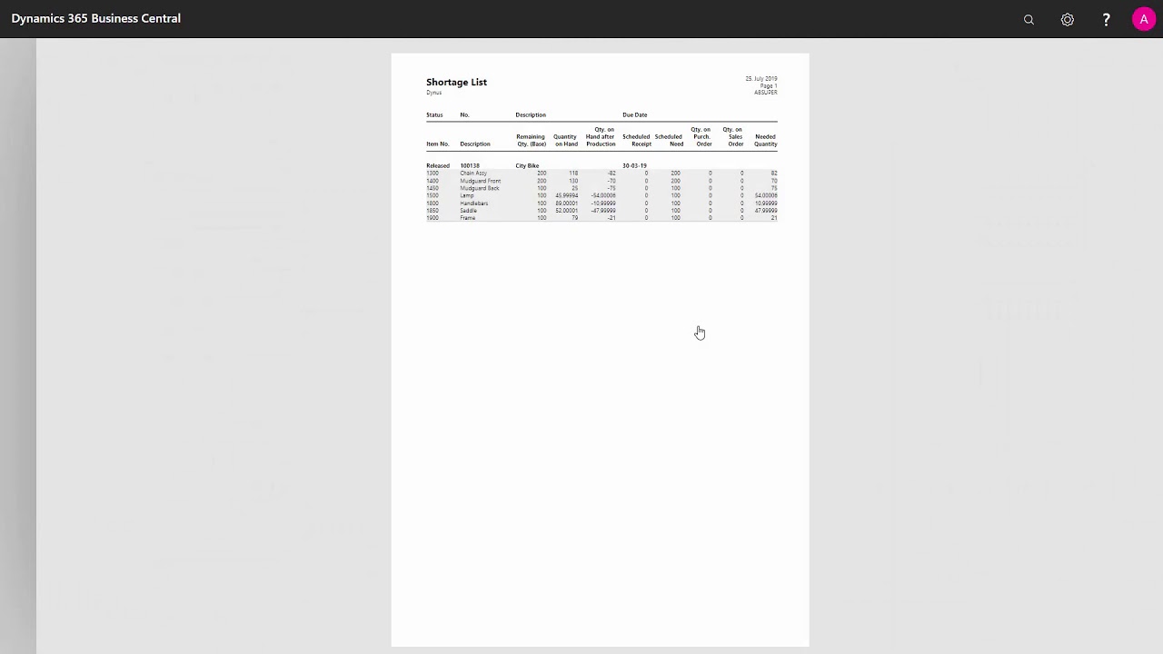 Shortage List on Production Orders - Microsoft Dynamics 365 Business ...
