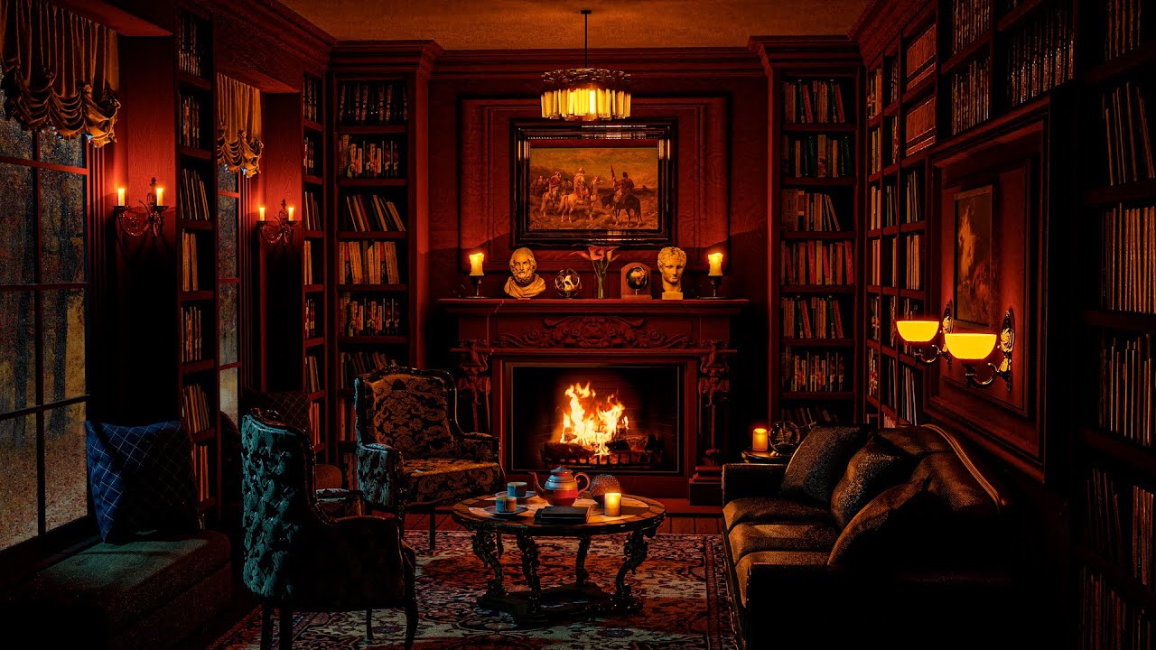 Cozy Library Ambience Rain On Window And Crackling Fire In The Room For