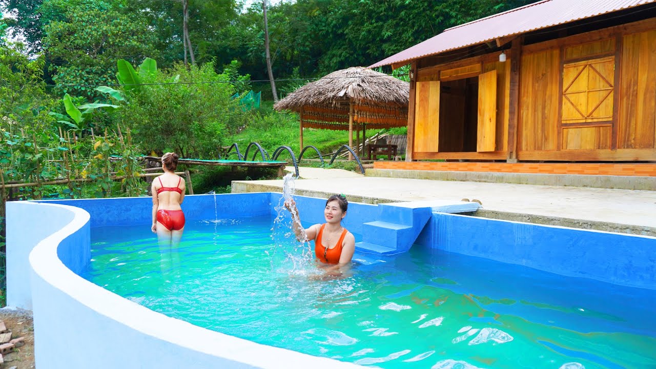 150Day Young GIRL Build a Transparent Swimming Pool in Front of wooden ...