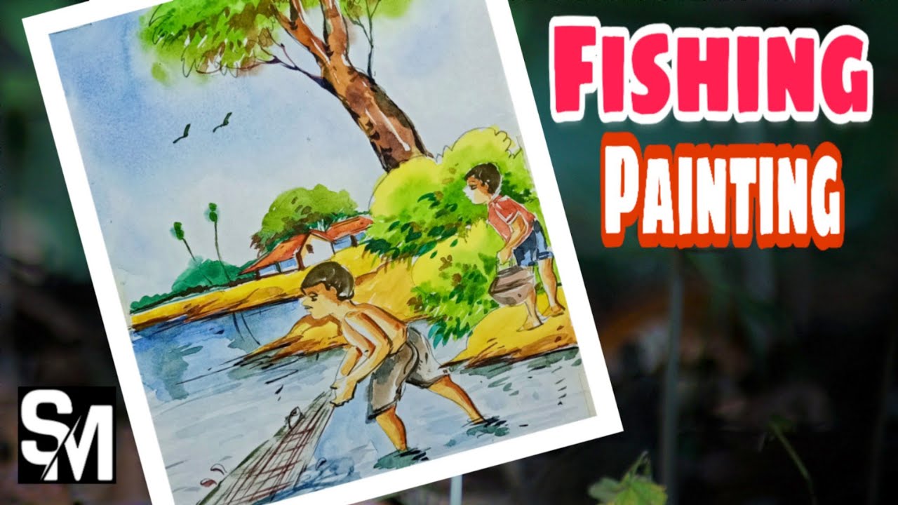 Fishing Scenery Drawing with Watercolor. Easy Fisherman Drawing for ...