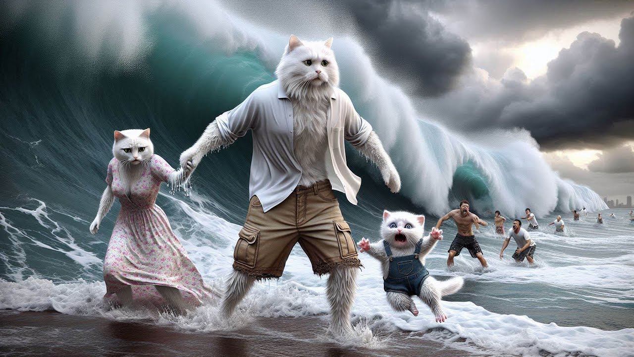 White Cat family vacation turns into Tsunami Escape🙀 #catstory #copilot ...