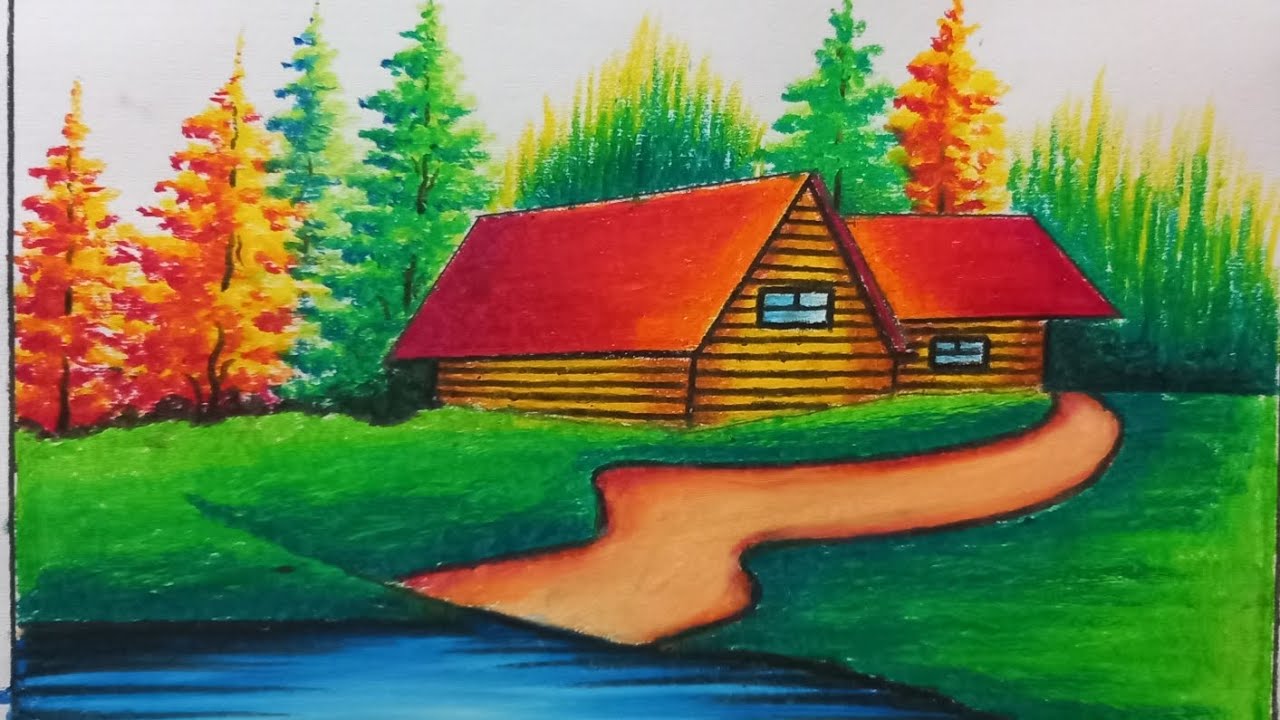 How to draw landscape drawing easy/Oil pastel landscape drawing for ...