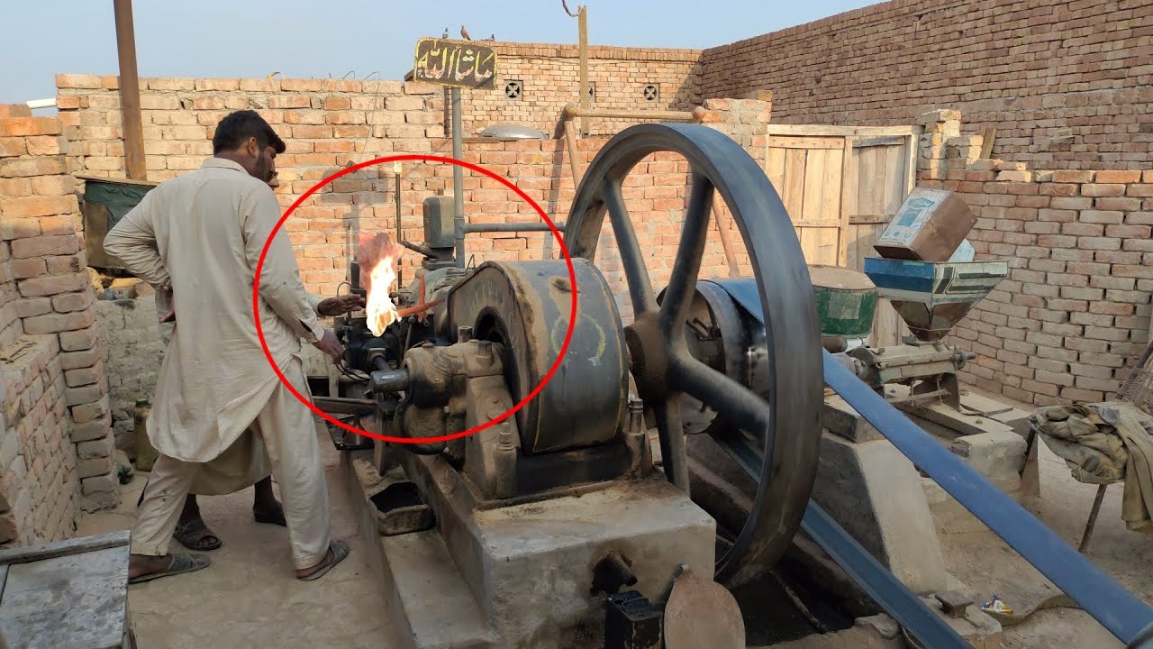 Old black diesel engine on floor machine working || old black diesel ...