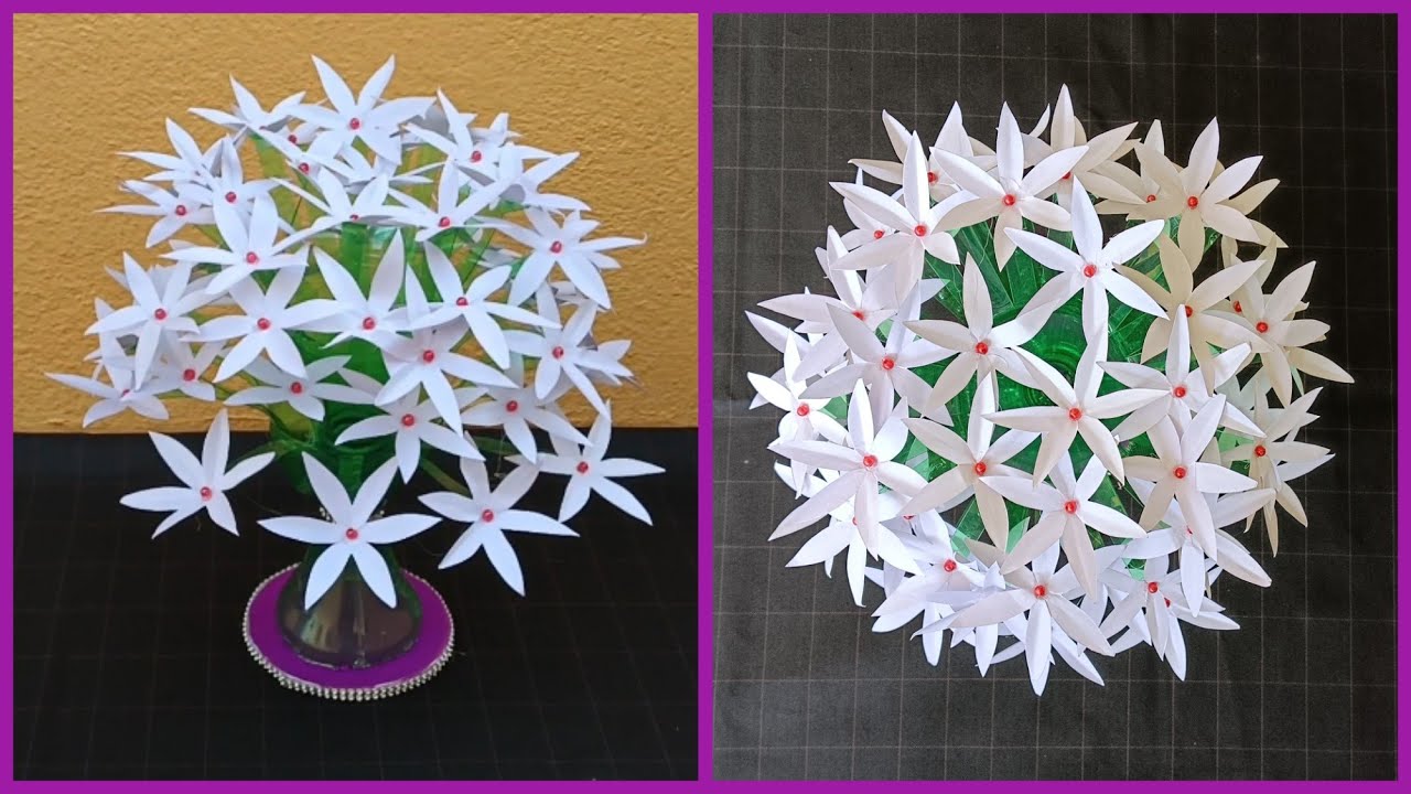 Plastic bottle flower vase craft || Empty plastic bottle with paper ...