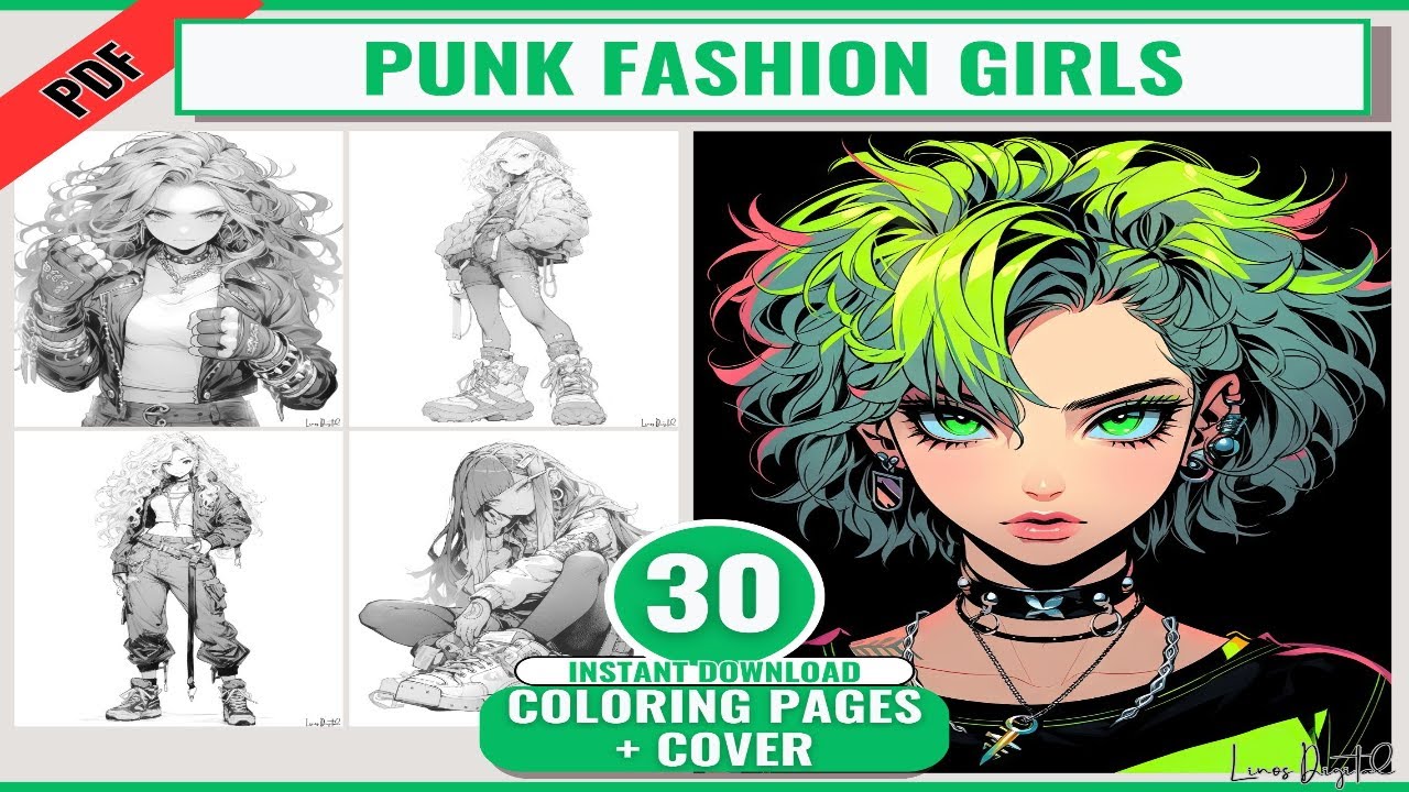 Anime Punk Girls Adult Coloring Book 30 Punk Fashion Coloring Pages ...