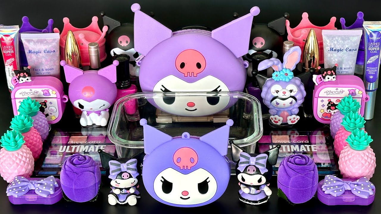 Kuromi SLIME | Mixing Makeup, Glitter and Beads into Clear Slime. ASMR ...