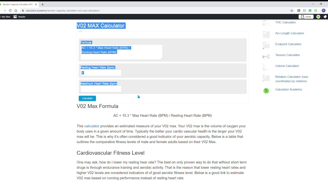 Aerobic Capacity Calculator - V02 Max Calculator - YouTube