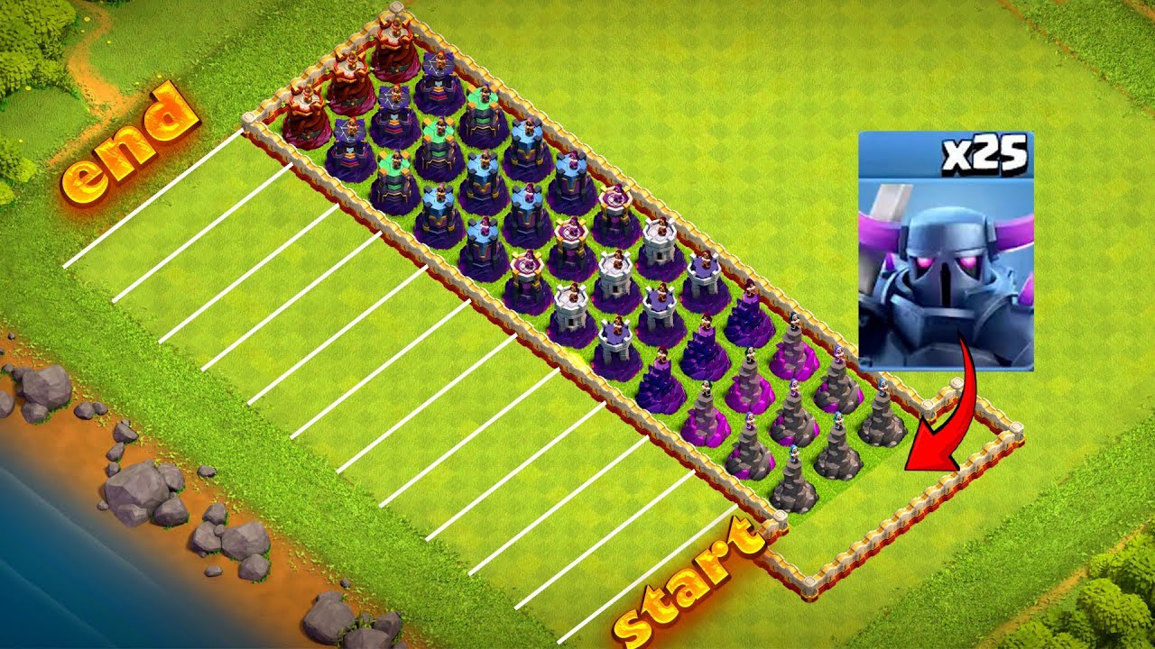 25 PEKKAs vs Max Level Wizard Towers! How Far Can They Go? 😱🔥 (Clash of ...