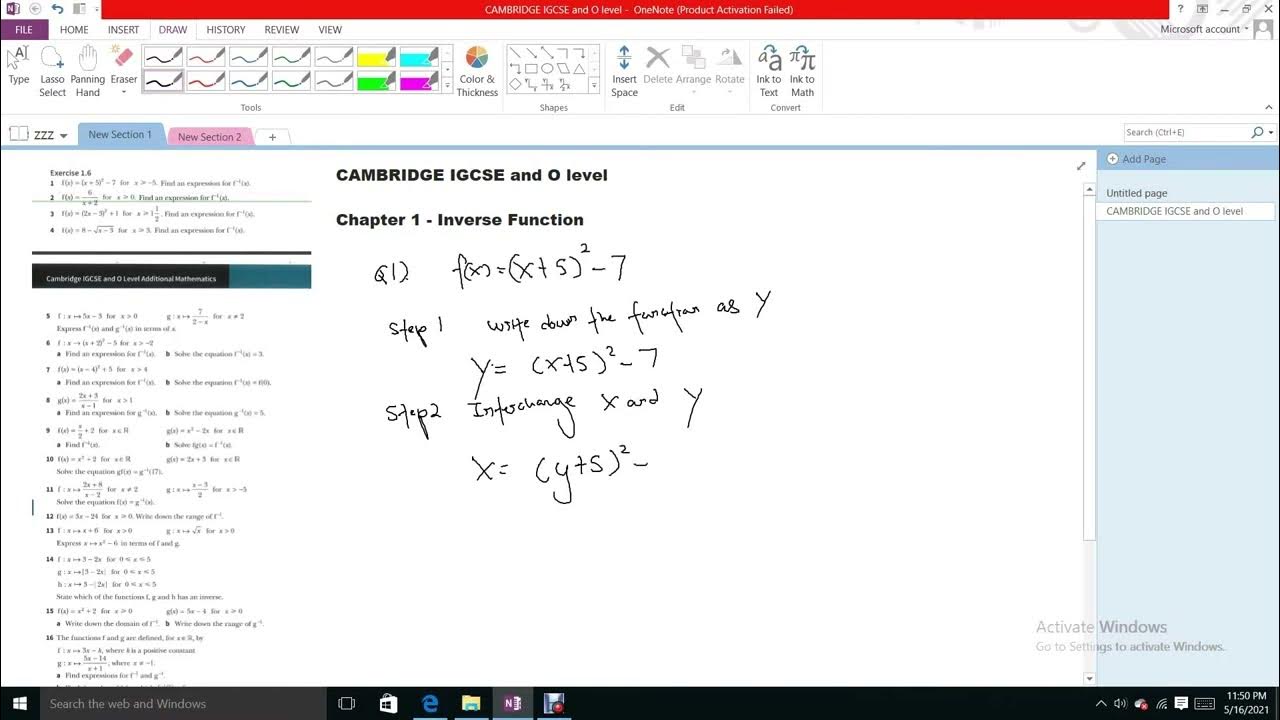 Cambridge Igcse And O Level Chapter 1 Inverse Function Youtube