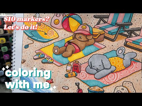 Coloring Beach Time With Me Using Affordable Markers | Aimilo Markers | Coloring ASMR
