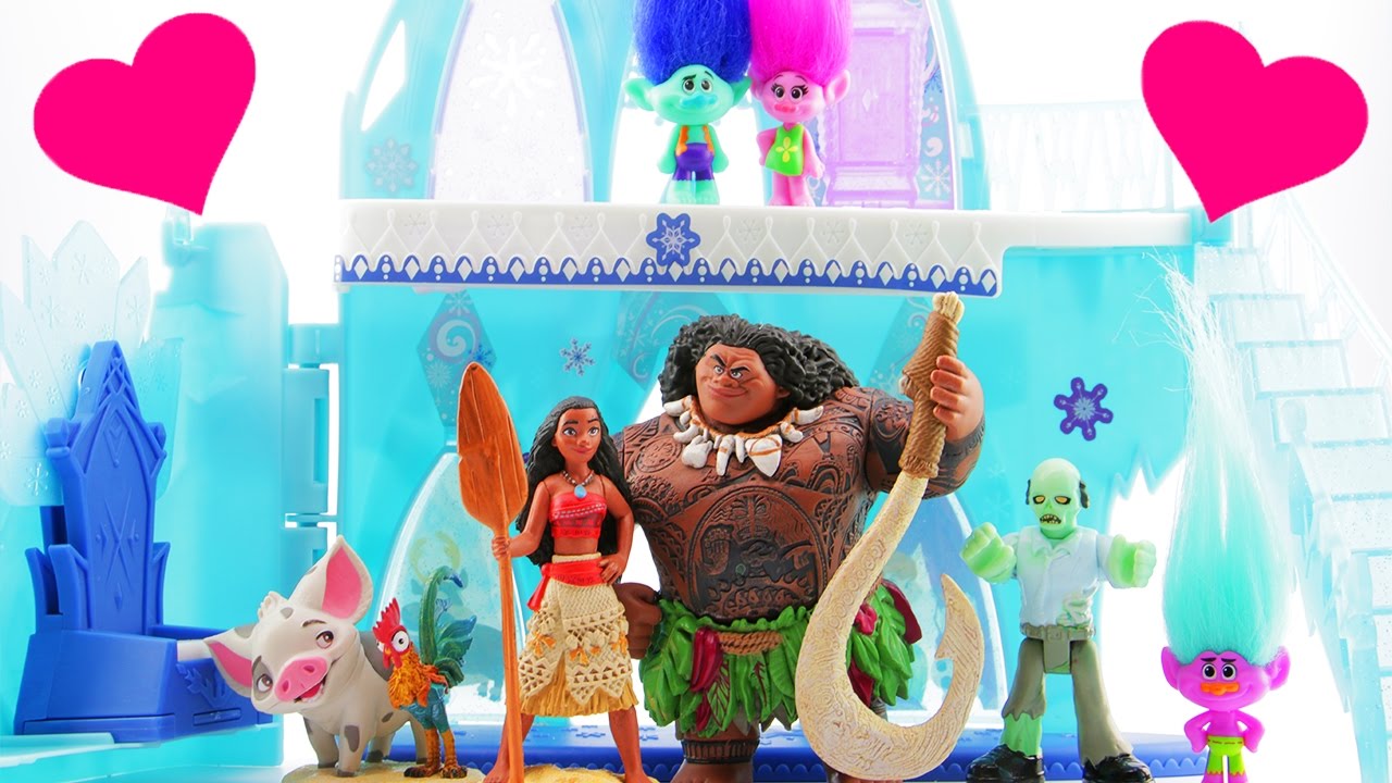 Disney Moana VS DreamWorks Trolls Kinetic Sand Gem Challenge w/ Slime ...