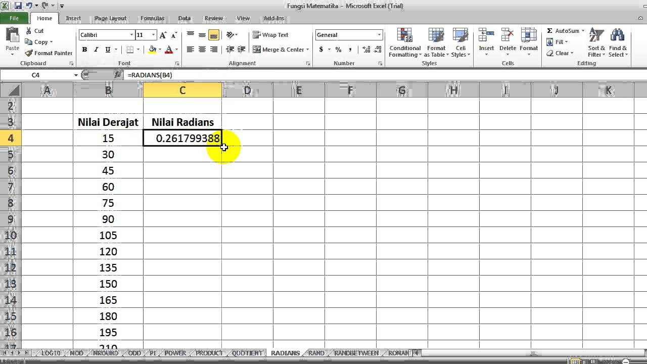 Cara mengubah satuan derajat menjadi radians dengan fungsi RADIANS Excel - YouTube