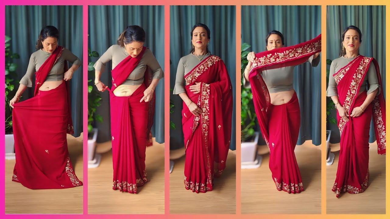 How to drape an embroidery chiffon saree | How can you change an open ...