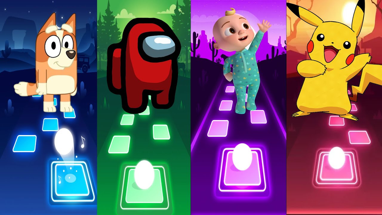 BINGO BLUEY VS AMONG US VS COCOMELON BABY VS PIKACHU TILES HOP EDM RUSH ...
