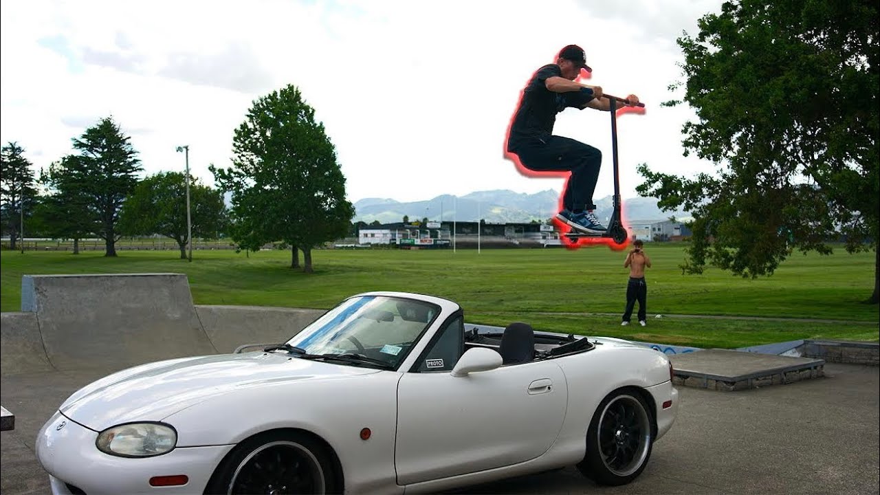 INSANE SCOOTER TRICKS OVER A MIATA! - YouTube