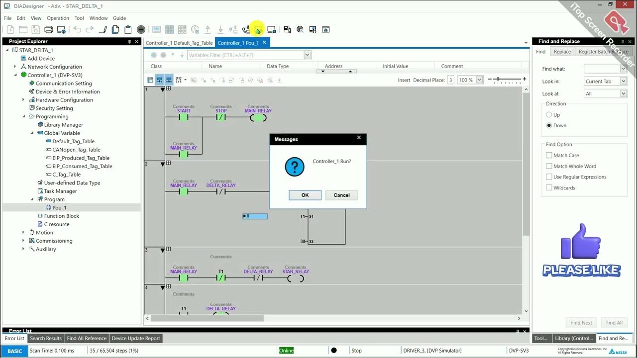 DELTA PLC DIADESIGNER [ ELECTRICAL MOTOR STAR-DELTA ] PROGRAMMING AND SIMULATION - YouTube