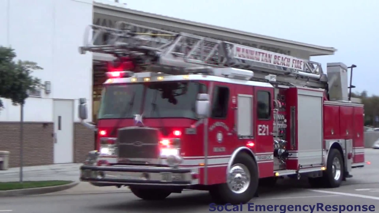 Manhattan Beach Fire Dept Engine 21 and Rescue 21 (x2) Responding - YouTube