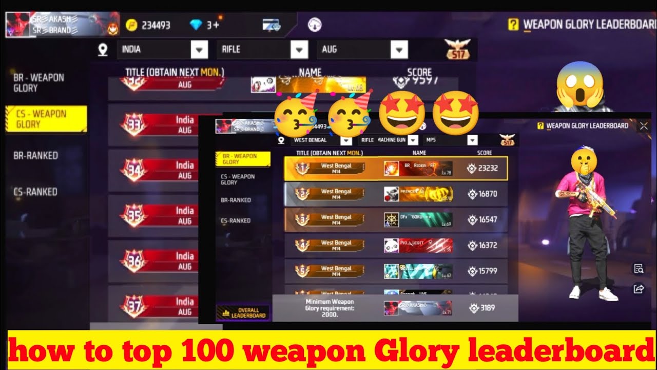 FREE FIRE MAX WEAPON GLORY LEADERBOARD INDIA TOP 100 ANY WEAPONS P90 ...
