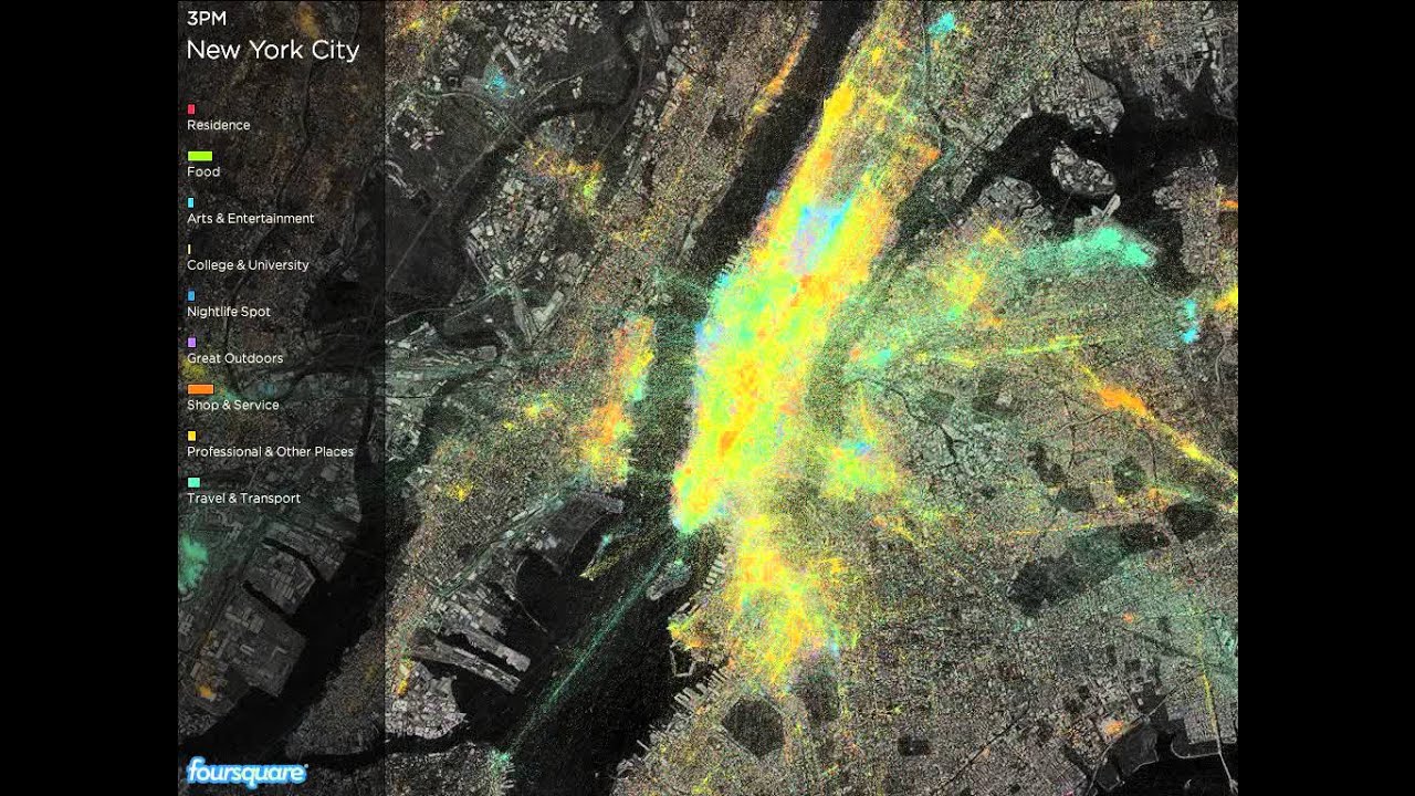 Foursquare check-ins show the pulse of New York City - YouTube