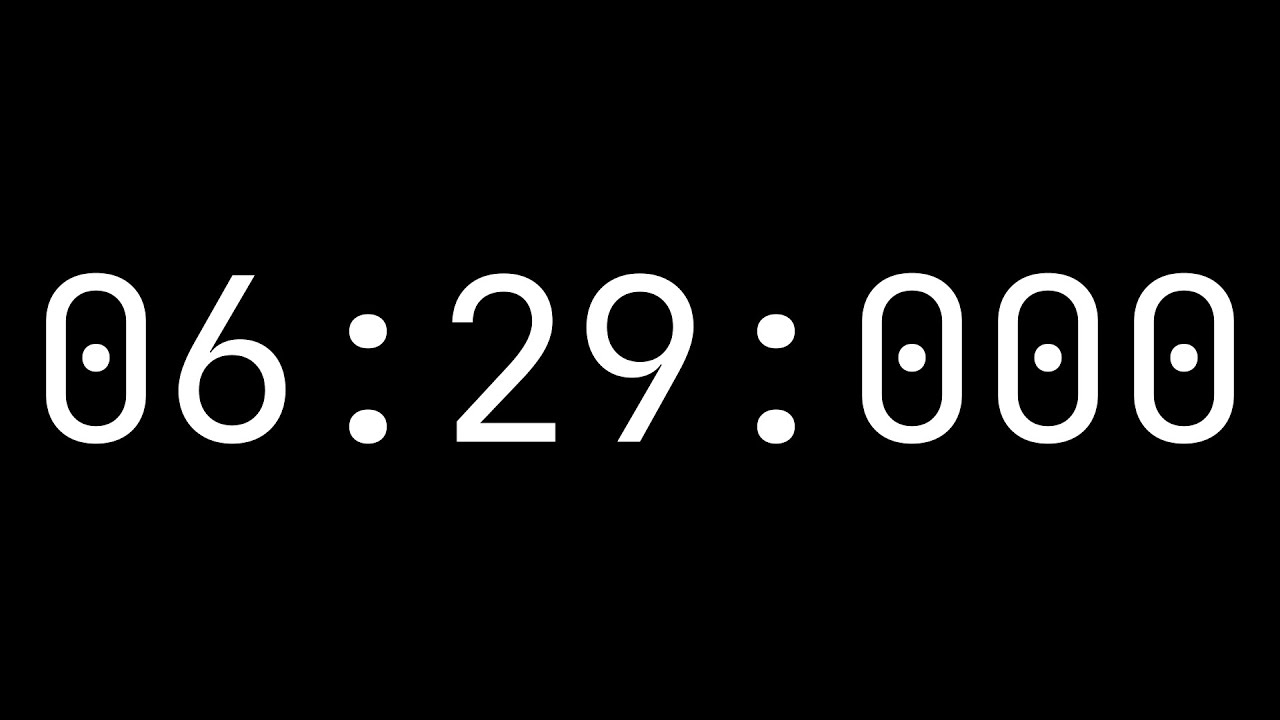 Countdown timer 6 minutes, 29 seconds [06:29:000] - White on black with ...