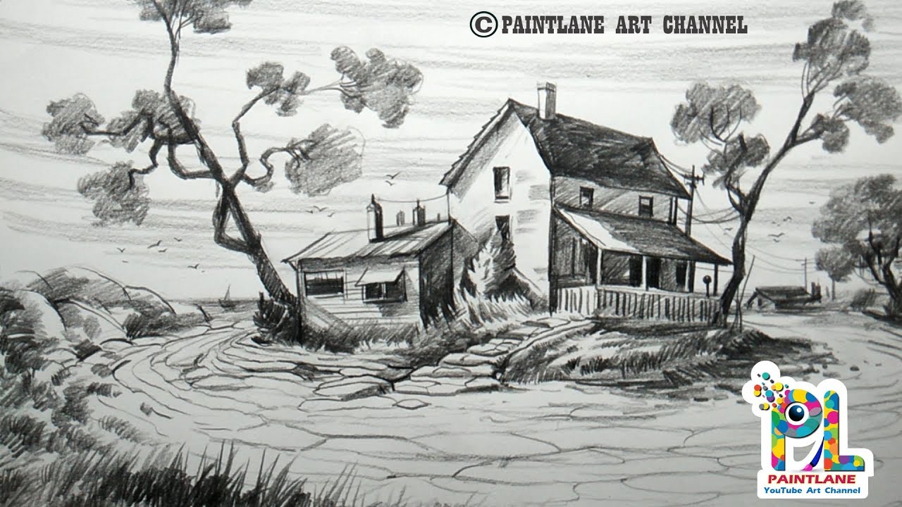 Scenery Drawing With Old Wooden Houses On Uplands With Pencil - YouTube